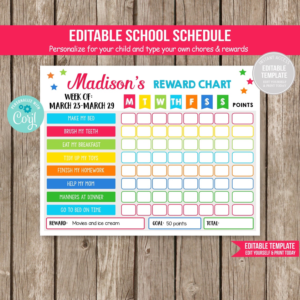 Daily Responsibilities Chart for Kids Reward Chart Routine, Kids Chore ...