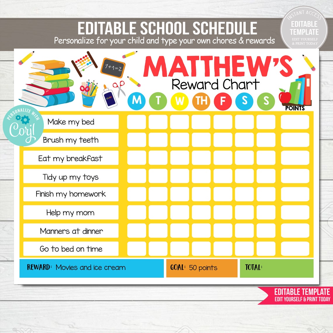 Editable School Reward Chart School Reward for Kids Routine - Etsy