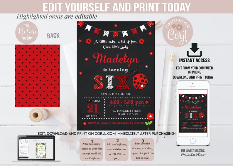 Editable Ladybug 6th Birthday Invitation Ladybug is Turning 6 - Etsy