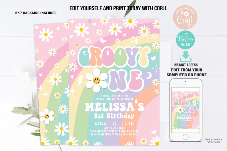 EDITABLE Groovy One Invitation Daisy Groovy 1st Birthday - Etsy