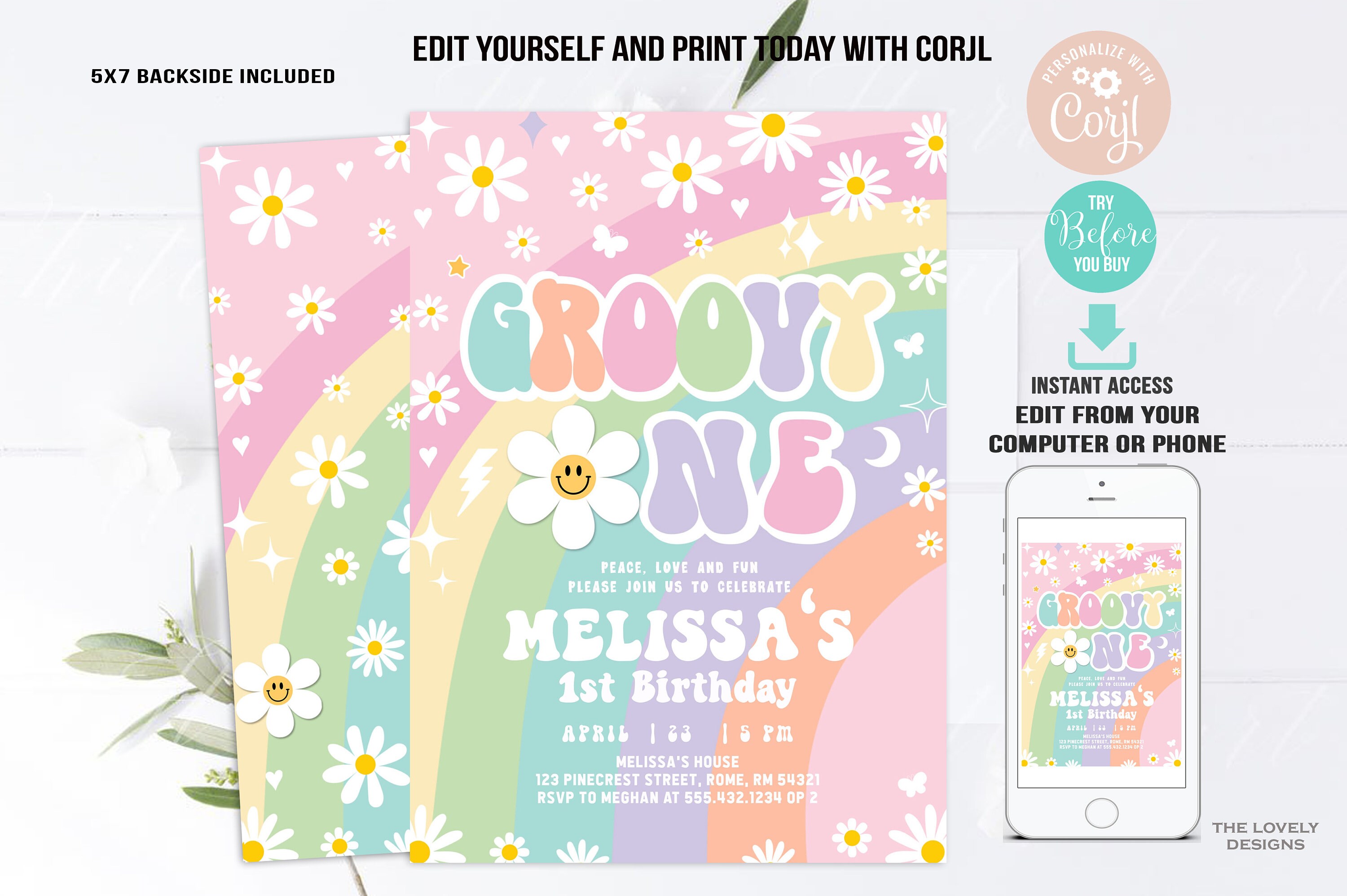 EDITABLE Groovy One Invitation Daisy Groovy 1st Birthday Rainbow Pink ...