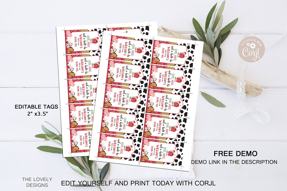 EDITABLE Farm Gift Tag Farm Birthday Party Farm Red Animals | Etsy