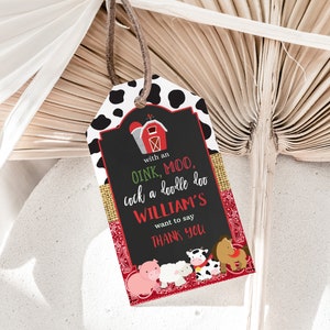 EDITABLE Farm Gift Tag Farm Birthday Party Farm Red Animals Barnyard ...