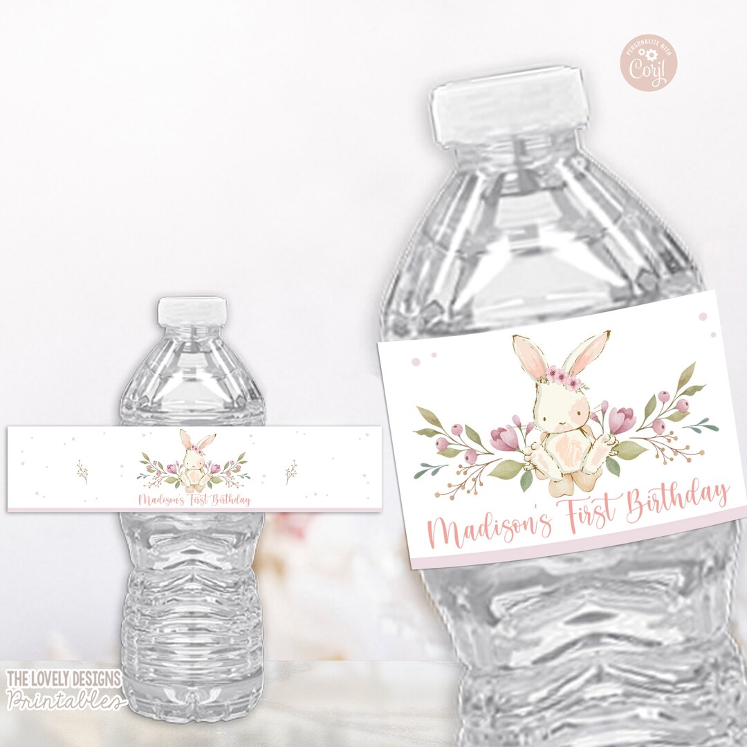 EDITABLE Bunny Bottle Label Bunny Pink Floral Spring Rabbit Easter ...