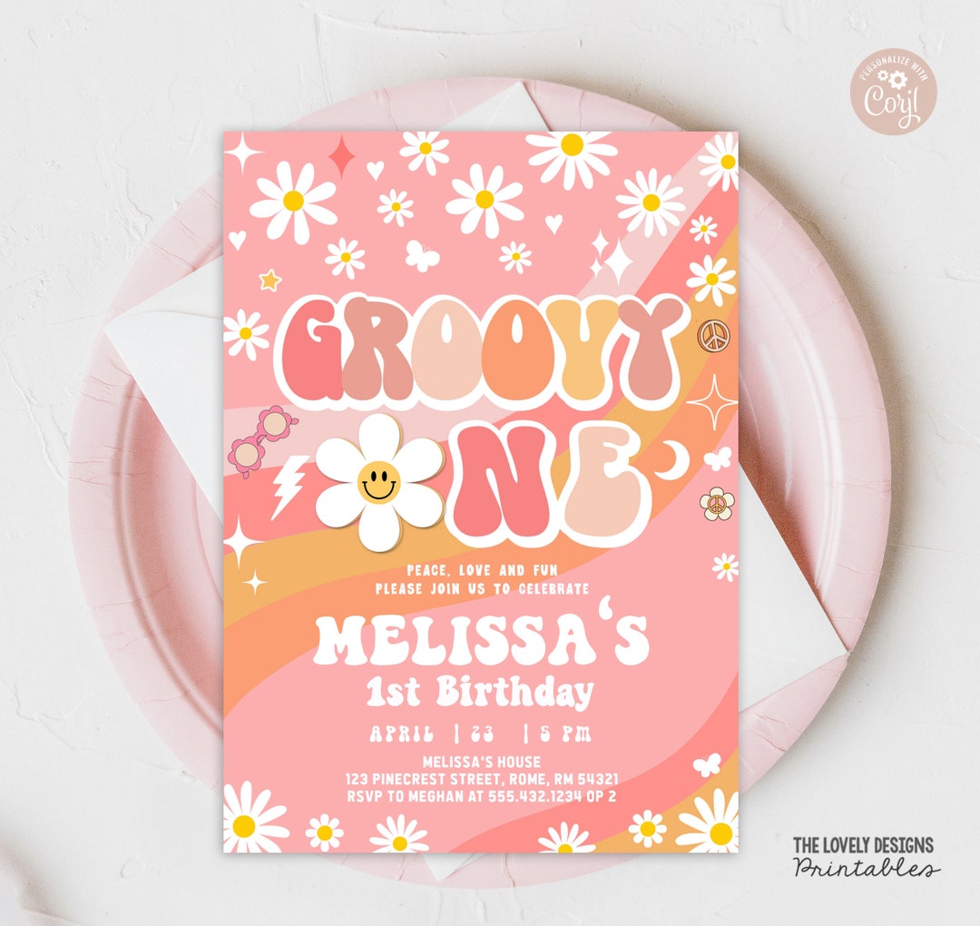 Editable Groovy 1st Birthday Invitation Groovy One Rainbow Tricolor ...