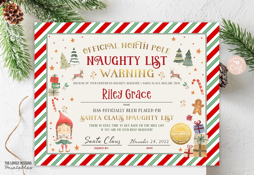 EDITABLE Santa Claus Official Naughty List Warning Certificate Elf Girl ...