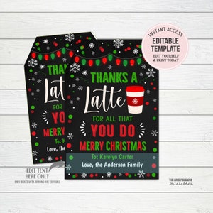 Thanks a Latte Christmas Gift Tags Printable Gift Card Holder Holiday ...