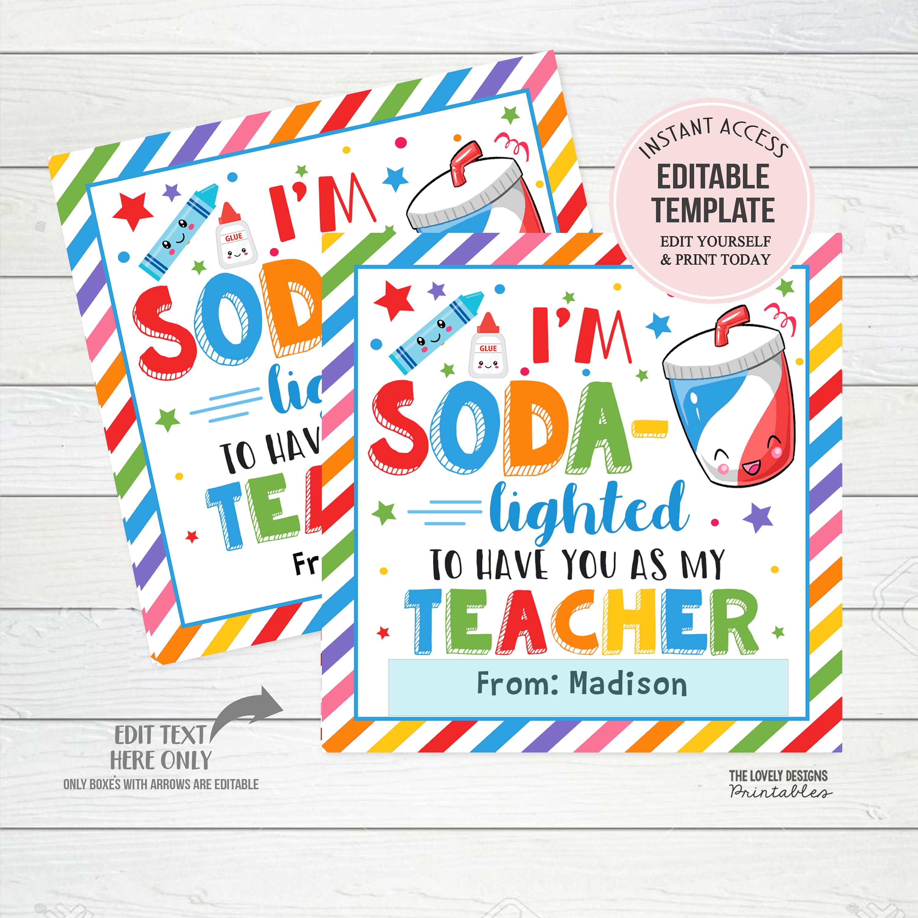 Teacher Gift Tag Soda Gift Tag Printable Soda-lighted Teacher ...