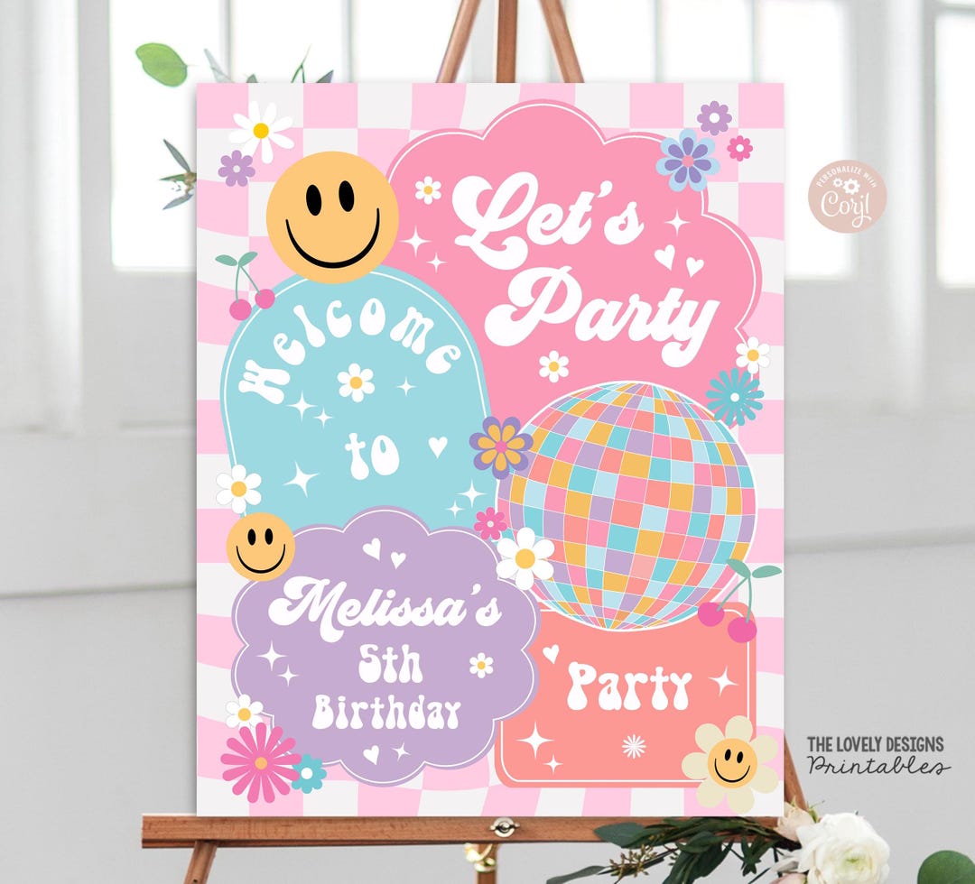 EDITABLE Welcome Sign Checkered Smile Face Sign Retro Groovy Birthday ...
