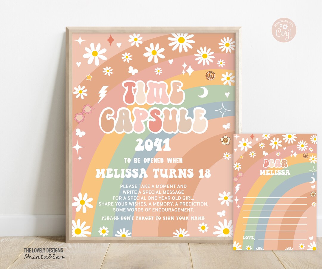 EDITABLE Groovy Time Capsule Sign Matching Card Groovy Girl 1st ...