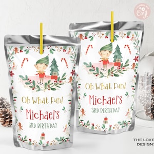 Editable Elf Juice Pouch Label Christmas Winter Elf Boy Birthday Party ...