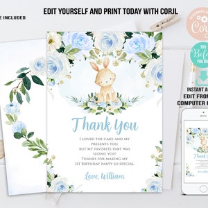 EDITABLE Boy Bunny Thank You Card Bunny Birthday Party Card Easter ...