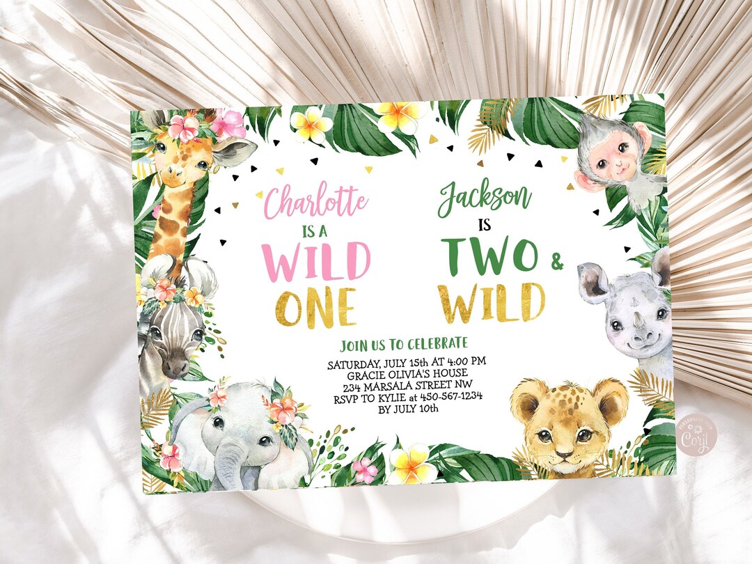 Editable Wild One and Two Wild Birthday Invitation Coed Joint Jungle ...