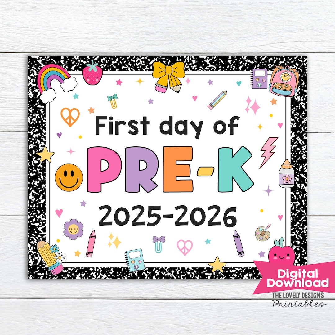 First Day of PRE-K Sign INSTANT DOWNLOAD Photo Prop, Pre-kindergarten ...