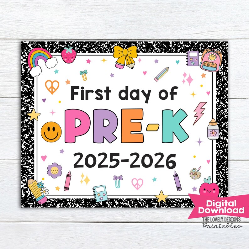 First Day of PRE-K Sign INSTANT DOWNLOAD Photo Prop, Pre-kindergarten ...