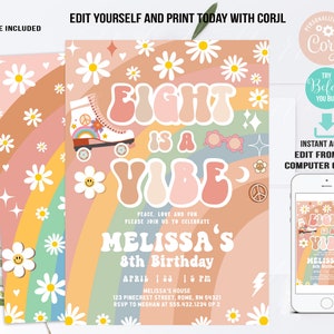 EDITABLE Groovy Roller Skate 8th Birthday Invitation Groovy Eight is a ...