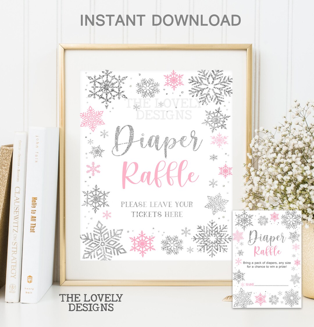 Winter Diaper Raffle Sign Winter Baby Shower Winter Snowflakes Hot Pink ...