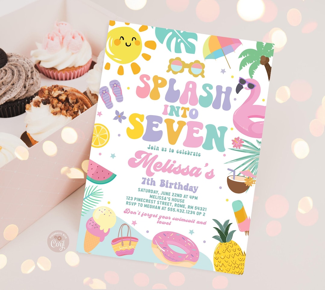 Editable Splash Into Seven 7th Birthday Pool Party Invitation Splish ...
