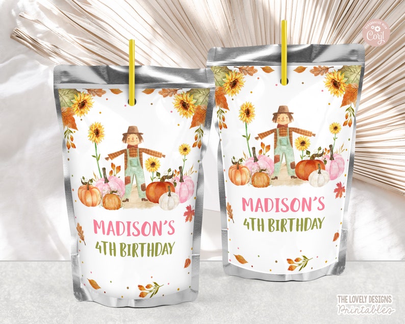 EDITABLE Juice Pouch Label Girl Pumpkin Birthday Scarecrow Pink Pumpkin ...