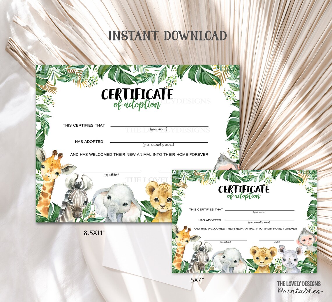 Adopt an Animal Adoption Certificate Jungle Birthday Printable Neutral ...