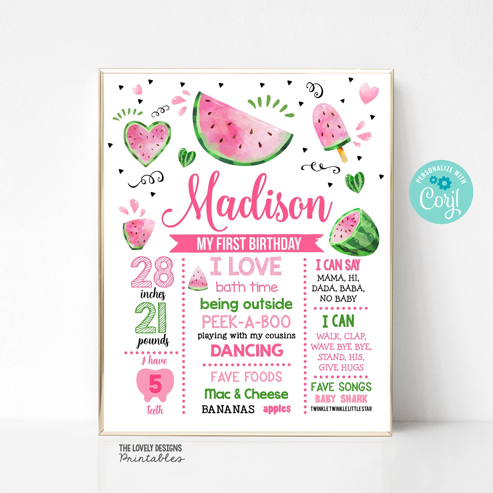 Editable Watermelon Birthday Chalkboard Watermelon Birthday, First ...