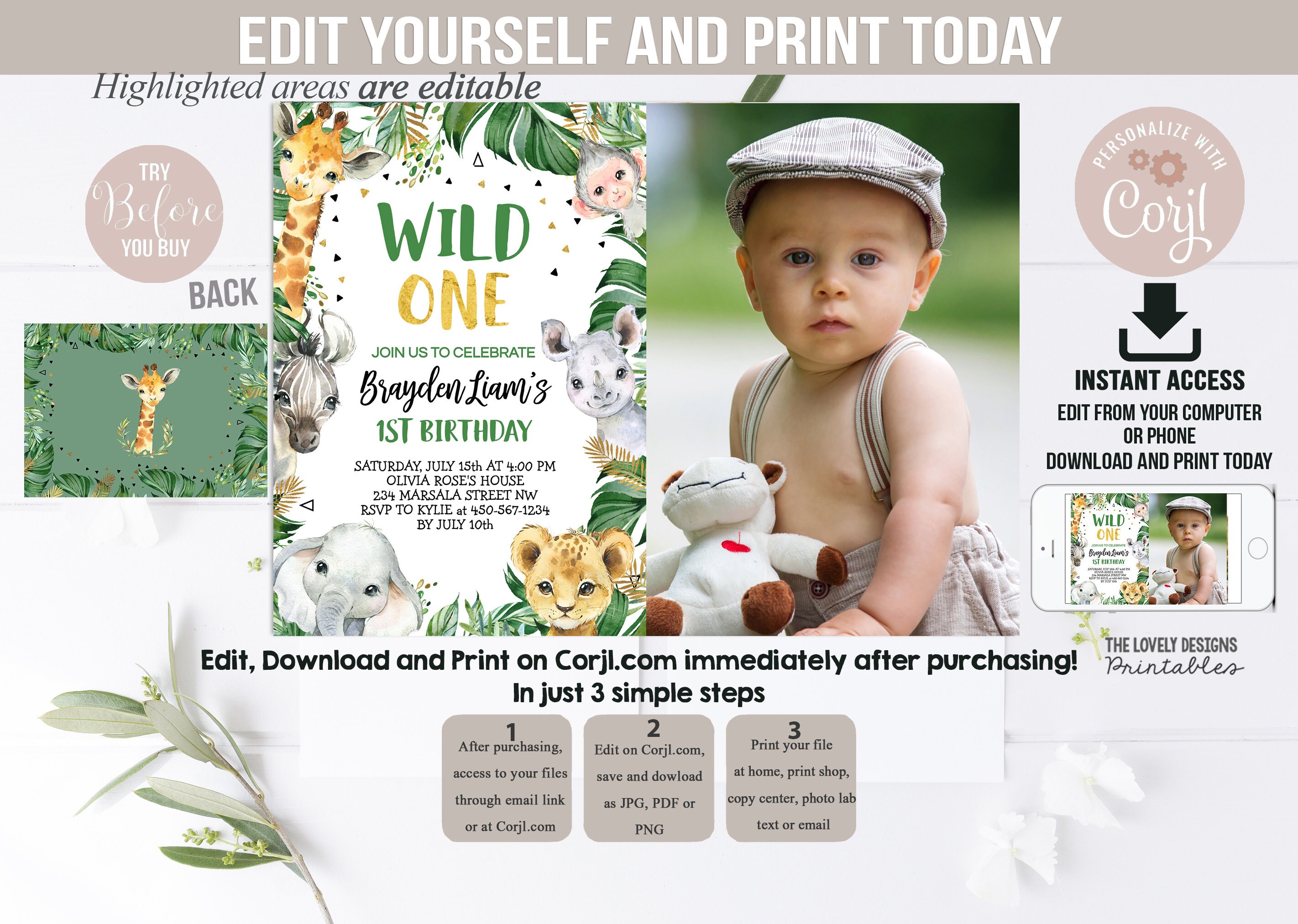 Editable Wild ONE Birthday Invitation Boy Wild ONE Jungle - Etsy