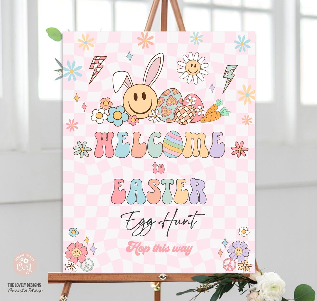 Easter Egg Hunt Groovy Welcome Sign Editable Easter Rabbit Brunch ...