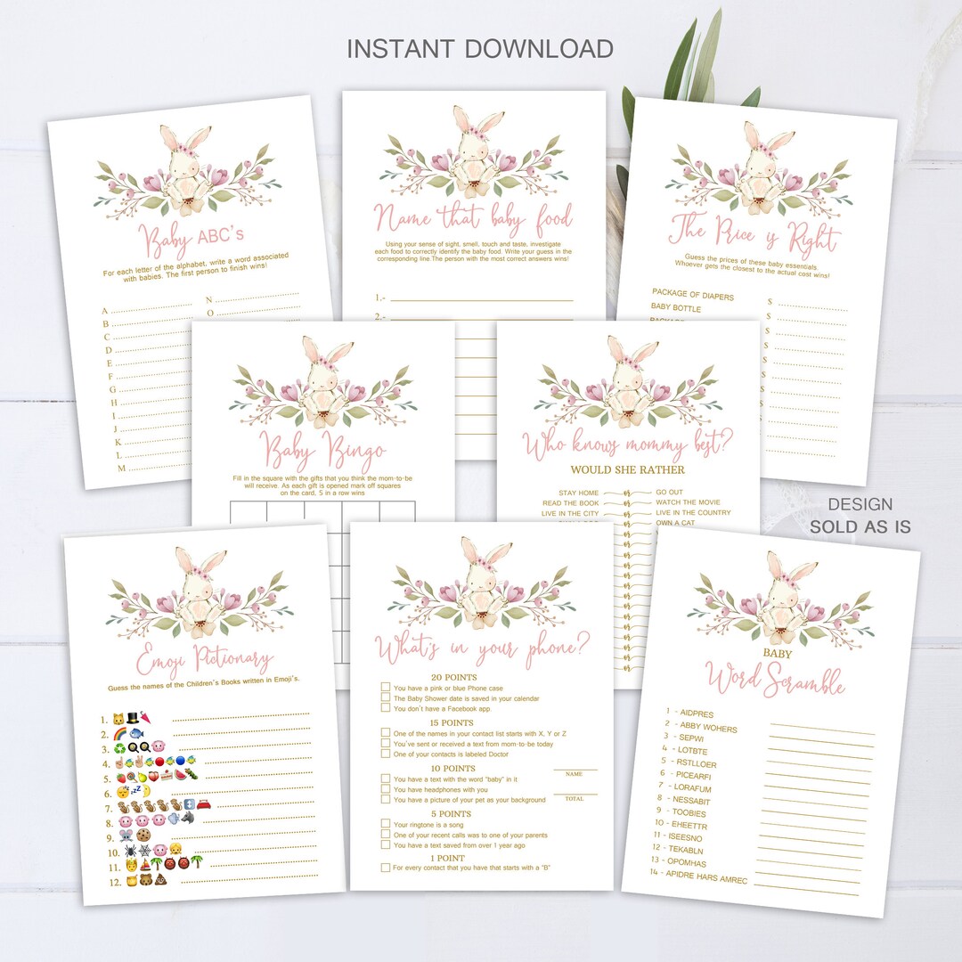 Bunny Baby Shower Games X8 Package Easter Bunny Pink Floral Spring ...
