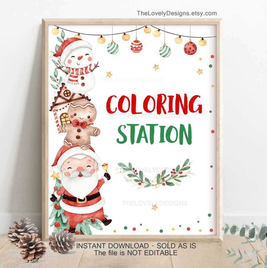 Christmas Coloring Station Sign Cute Santa Claus Table Sign Gingerbread ...