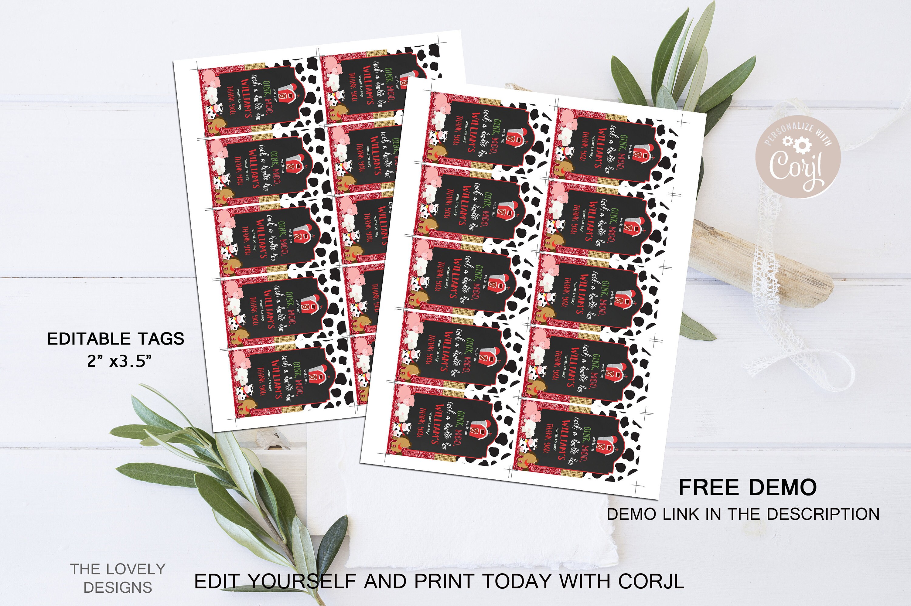 EDITABLE Farm Gift Tag Farm Birthday Party Farm Red Animals | Etsy