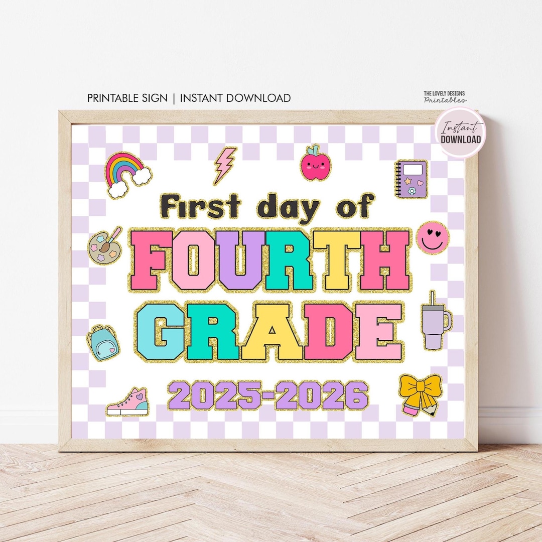 First Day of 4th Grade Sign, First Day of Fourth Grade Sign, Girly Cute ...