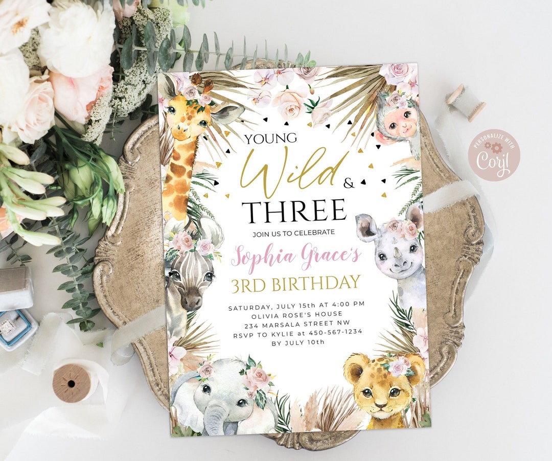 Editable Young Wild and Three Birthday Invitation Pampas Grass Safari ...