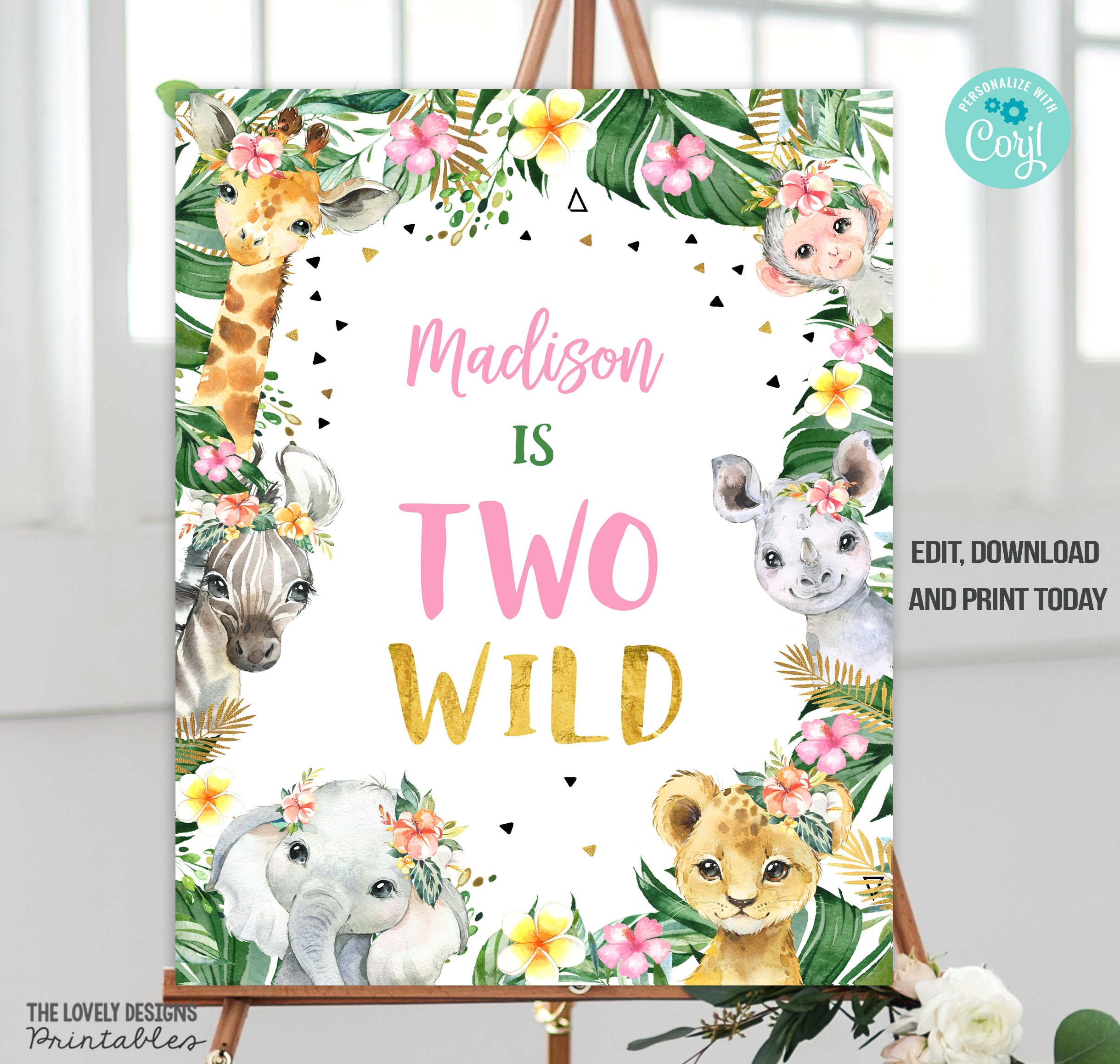 Editable Two Wild Birthday Sign Jungle 2nd Birthday Girl Wild Etsy