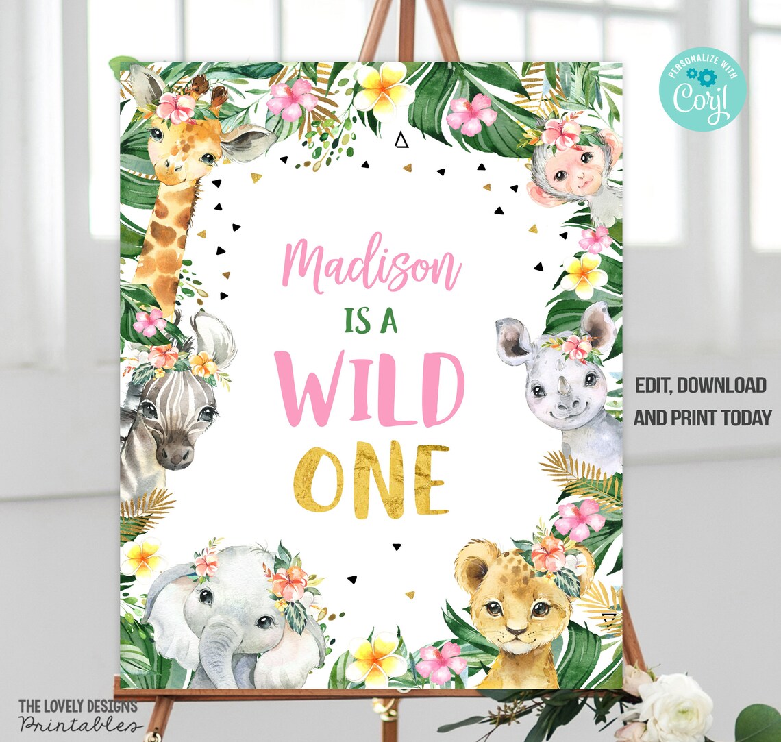 EDITABLE Wild One Birthday Sign Jungle 1st Birthday Jungle Girl Party ...
