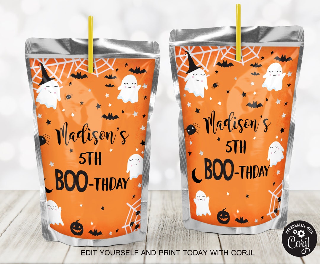 Editable Halloween Juice Pouch Label Orange Ghost Spooky Juice Bags ...