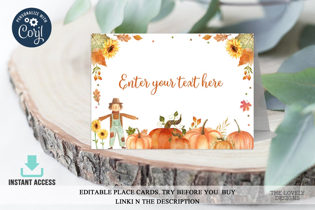 EDITABLE Fall Pumpkin Place Cards Scarecrow Sunflowers Food Tent Labels ...
