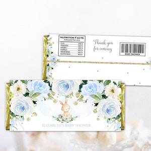 EDITABLE Bunny Baby Shower Candy Bar Wrapper Bunny Floral Blue Favors ...