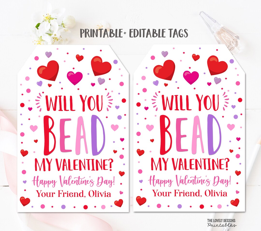 Valentine's Day Gift Tags Will You Bead My Valentine Tag Girl ...