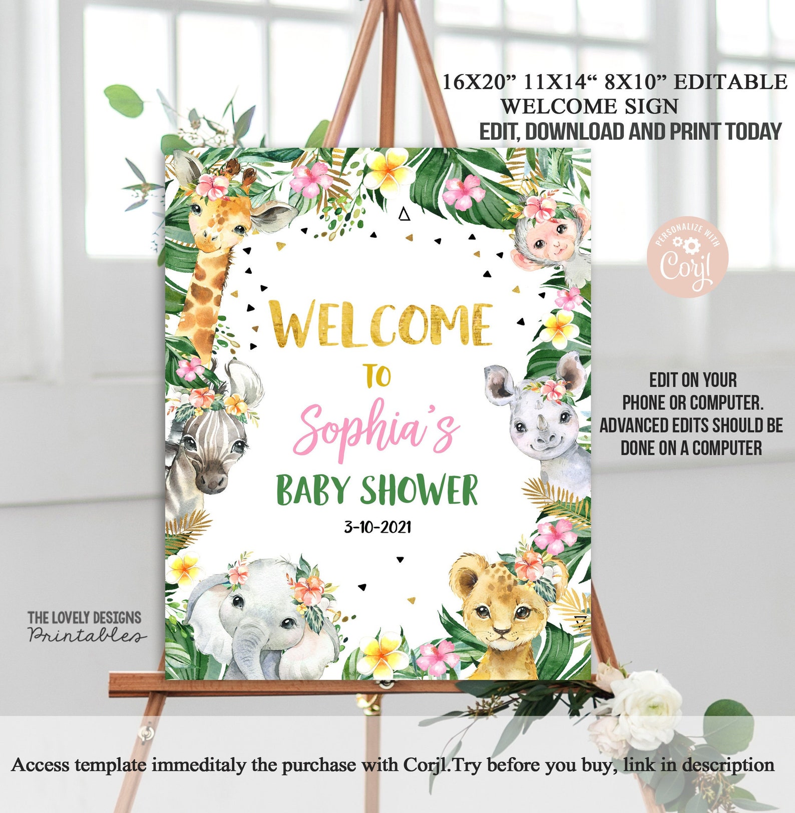 Editable Jungle Welcome Sign Jungle Girl Baby Shower Sign Safari ...