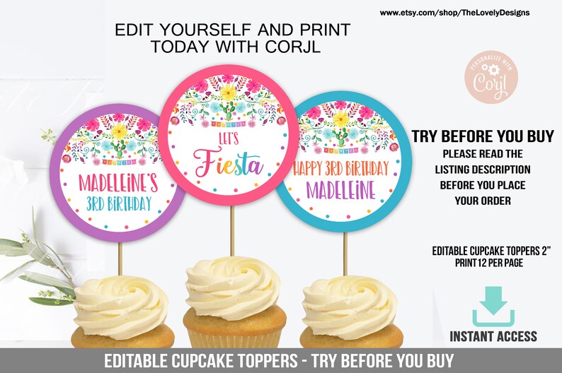 EDITABLE Fiesta Cupcake Toppers Fiesta Birthday Party Circles - Etsy