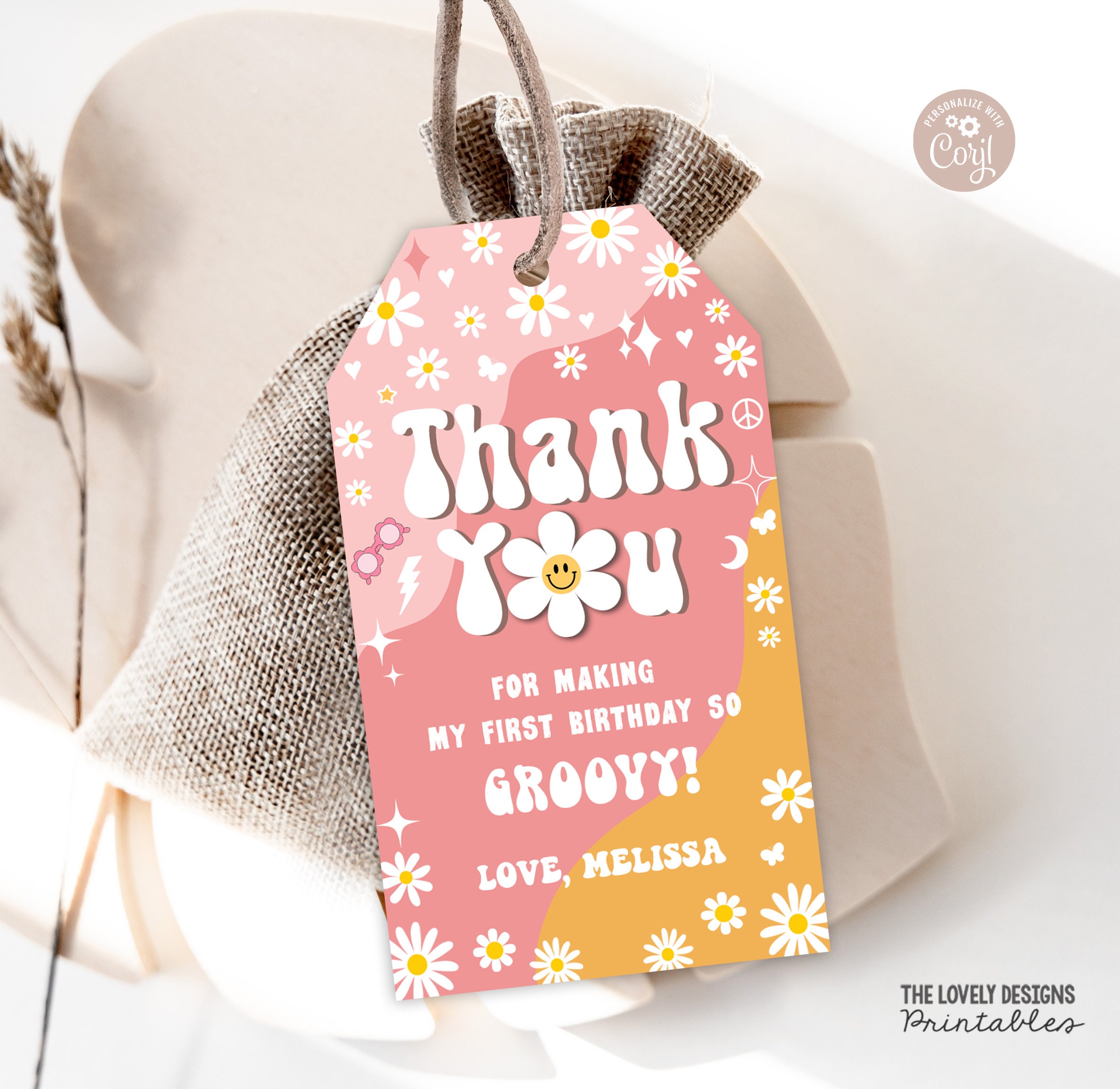 Editable Gift Tag Groovy Birthday Rainbow Pink Yellow Favor Tags Daisy ...