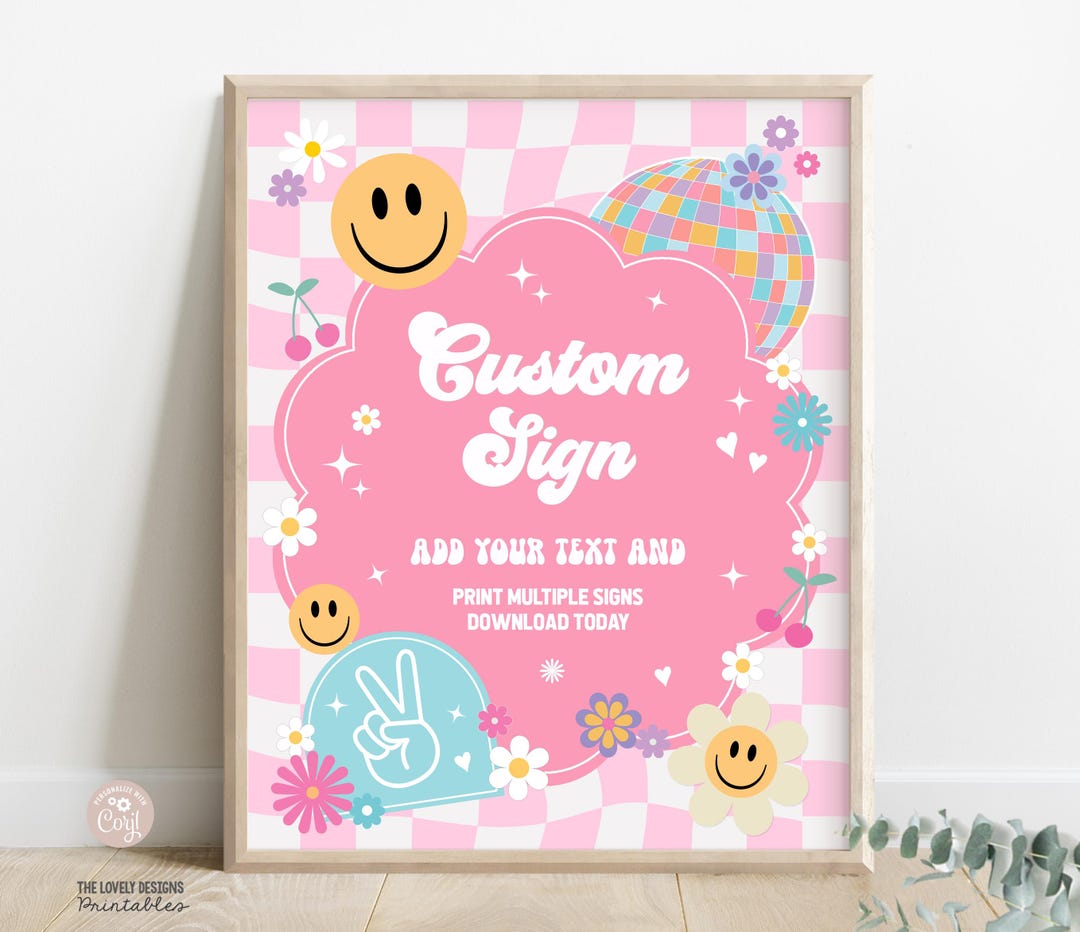 EDITABLE Custom Sign Checkered Smile Face Sign Retro Groovy Birthday ...