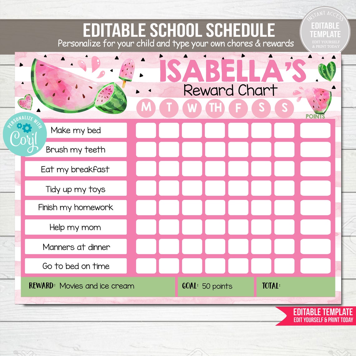 Editable Watermelon Reward Chart Pink Reward for Kids Routine - Etsy