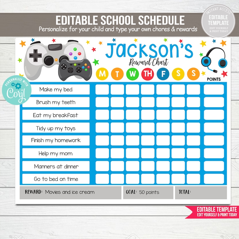 Editable Video Game Reward Chart Video Games Reward for Kids | Etsy