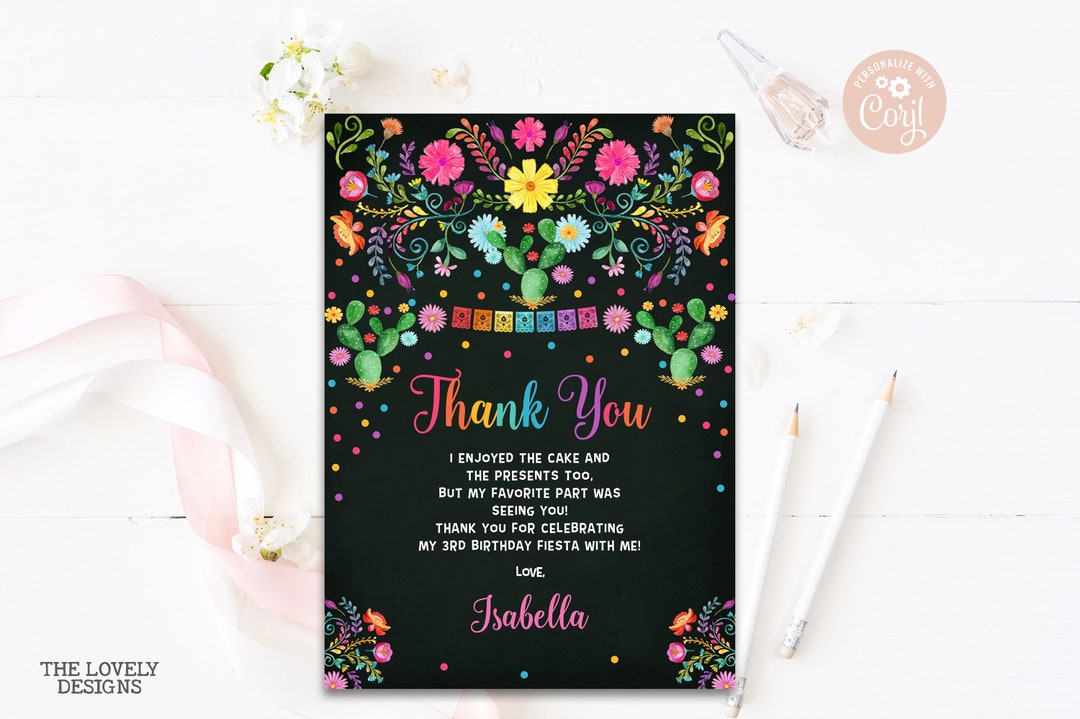 Editable Fiesta Thank You Card Fiesta Birthday Chalkboard Cards Fiesta ...