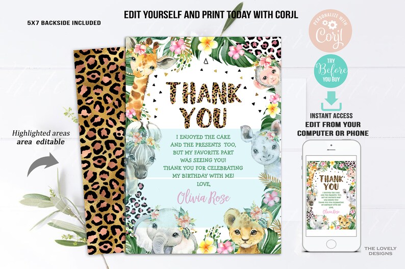 EDITABLE Thank You Card Leopard Print Girl Birthday Card Wild - Etsy