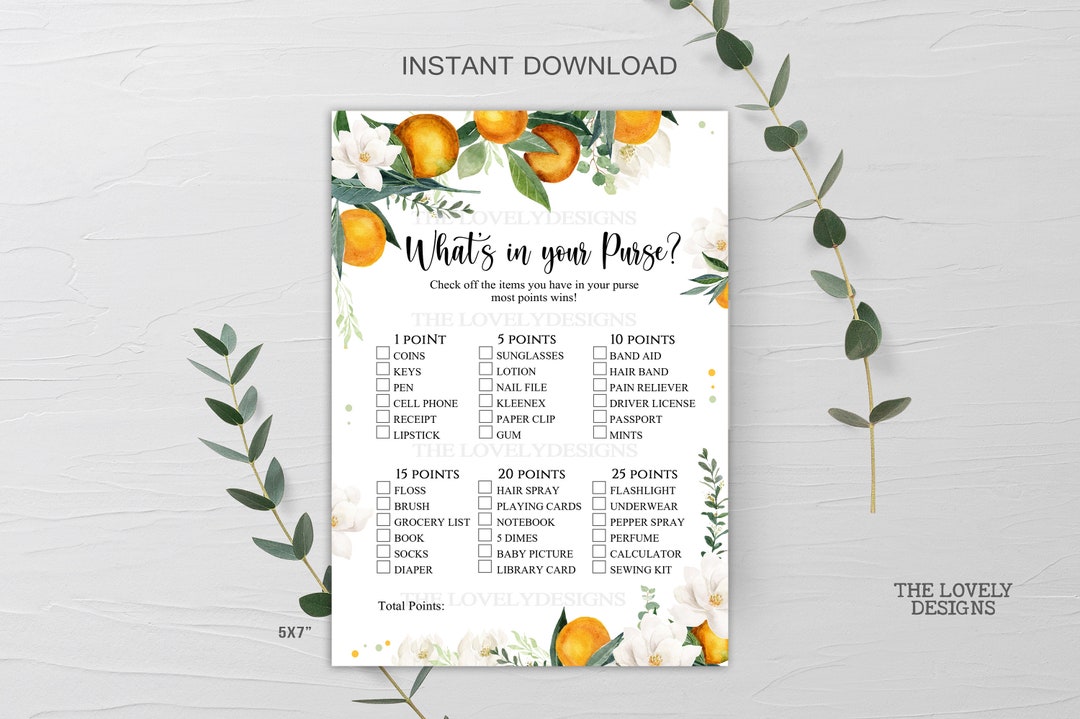 Orange What's in Your Purse Game Little Cutie Baby Shower Game Orange ...