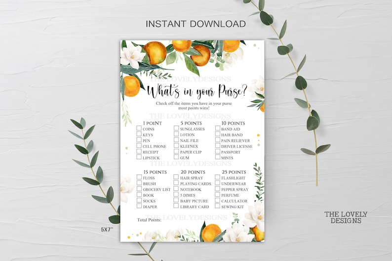 Orange What's in Your Purse Game Little Cutie Baby Shower Game Orange ...