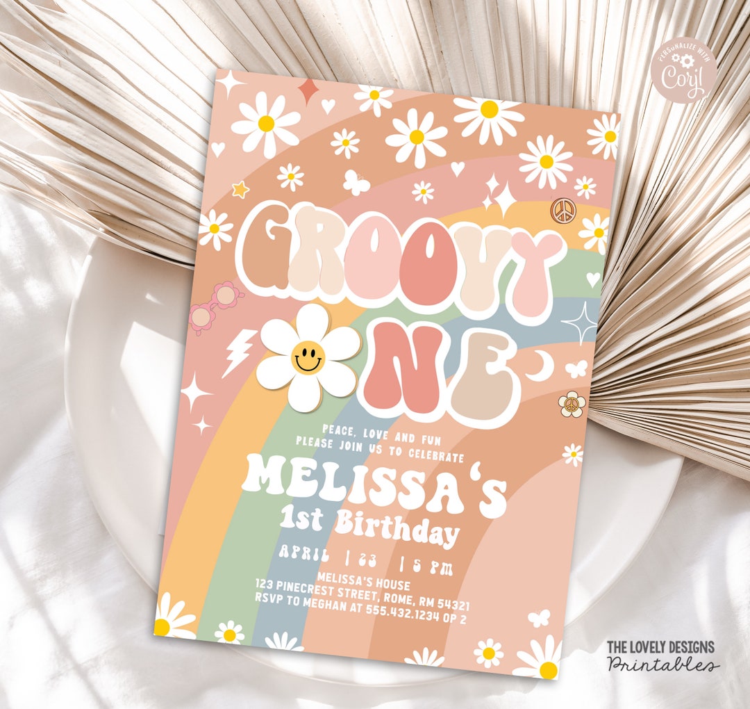 Editable Groovy One Invitation Groovy 1st Birthday Party Invitation ... Editable Groovy One Invitation Groovy 1st Birthday Party Invitation ...