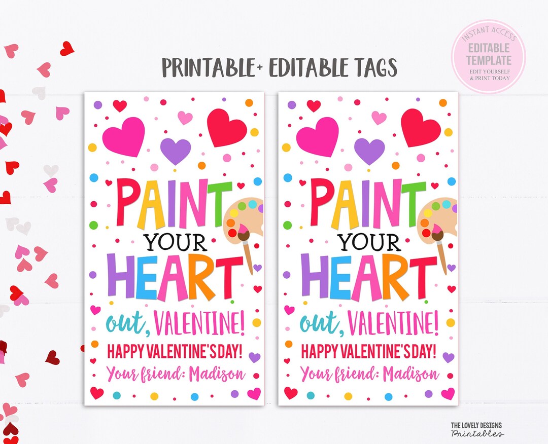 Valentine's Day Paint Gift Tag, Paint Your Heart Out Valentine Tag, Non ...